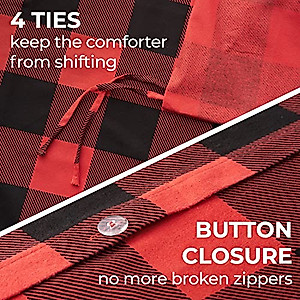 Mellanni Duvet Cover Queen Set - 100% Organic Cotton Buffalo Plaid Duvet Cover - Button Closure & Corner Ties - Organic Cotton Duvet Cover Set - Home Bedding (Queen, Red Buffalo Check)