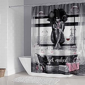 4PCSAfrican American Shower Curtain Sets with 12 Hooks Waterproof Polyester Bathroom Sets with Rugs and Accessories-Bath Mat,Toilet Lid Cover,U-Shaped Mat,Black Girl Shower Curtain for Bathroom