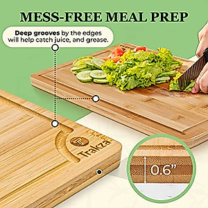 TRAKZA Bamboo Cutting Board Set - Durable Kitchen Cutting Boards For Chopping Fruit, Meat, Cheese, Veggies - Deep Juice Grooves, Side Handles, Easy To Use & Clean - With Storage Holder - 9", 12", 15"