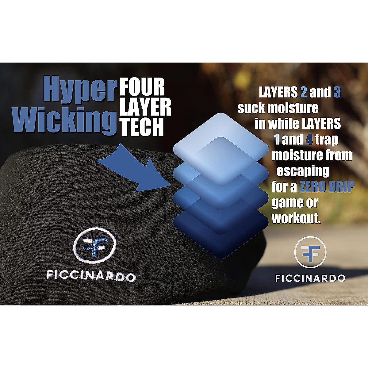 Ficcinardo Heavy Duty Sports Sweatband for Men and Women - Super Absorbent - 4 Layer Headband for Heavy Sweaters - No Drip - Hyper Wicking Technology - Black - One Size Fits Most