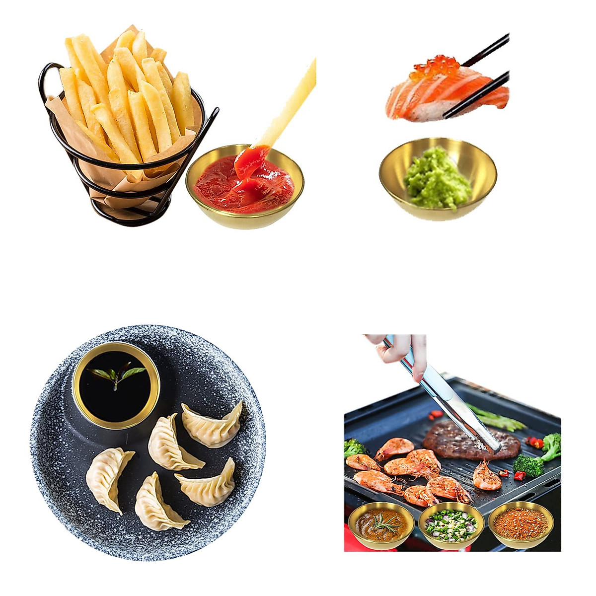 Set of 8 Stainless Steel Dipping Sauce Bowls, Soy Sauce Dishes, Seasoning Plate, Small Round Saucers, Appetizer Plate for Sushi, Side Dishes, Dessert, Tomato Sauce, Soy, BBQ, 3.27"x3.27"x 1.14" Gold