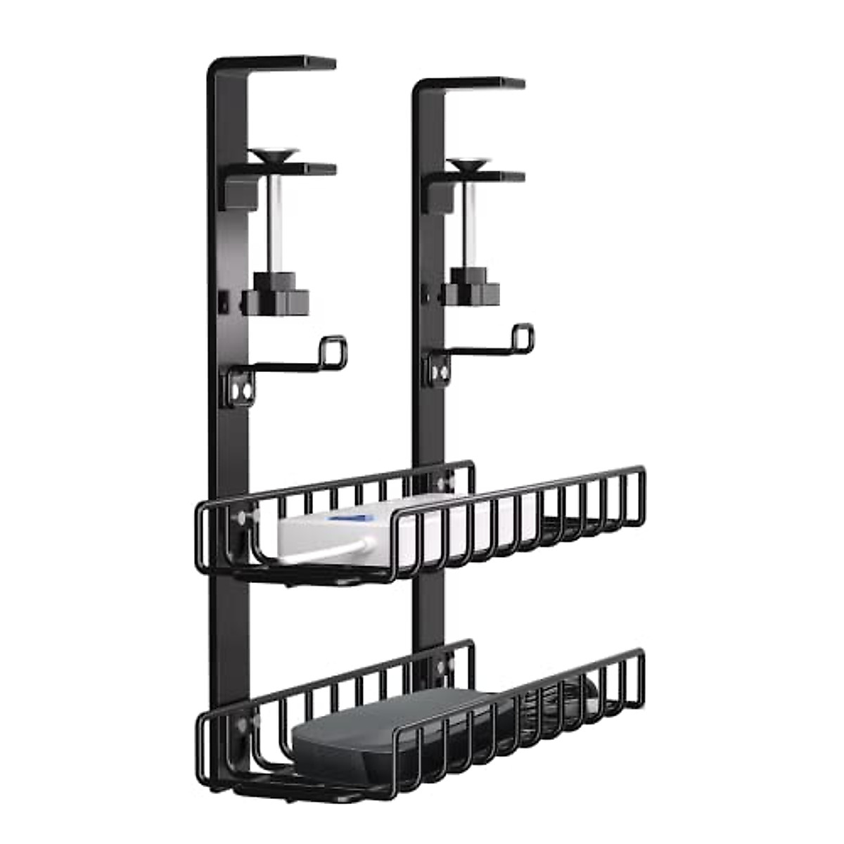 Under Desk Cable Management Tray, High Capacity Cord Organizer Rack for Desk, 2 Tier Desk Wire Management with Clamp Mount System, No Drill Cable Basket fits 0.4" to 2.4" Thickness Flat Side Desk