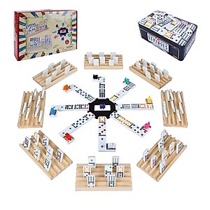 Gonoelec Double 12 Mexican Train Dominoes Set for Adults with 8pcs Wooden Trays, 9 Train Markers, 91 Color Dot Tile Dominos in Tin Box & Hub - Classic Family Board Game Set Party Toy Gift for Kids