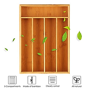 SOONHUA Bamboo Kitchen Drawer Organizer Tray for Flatware, 5 Compartments Cutlery Utensil Organizer Tray Kitchen Drawer Divider