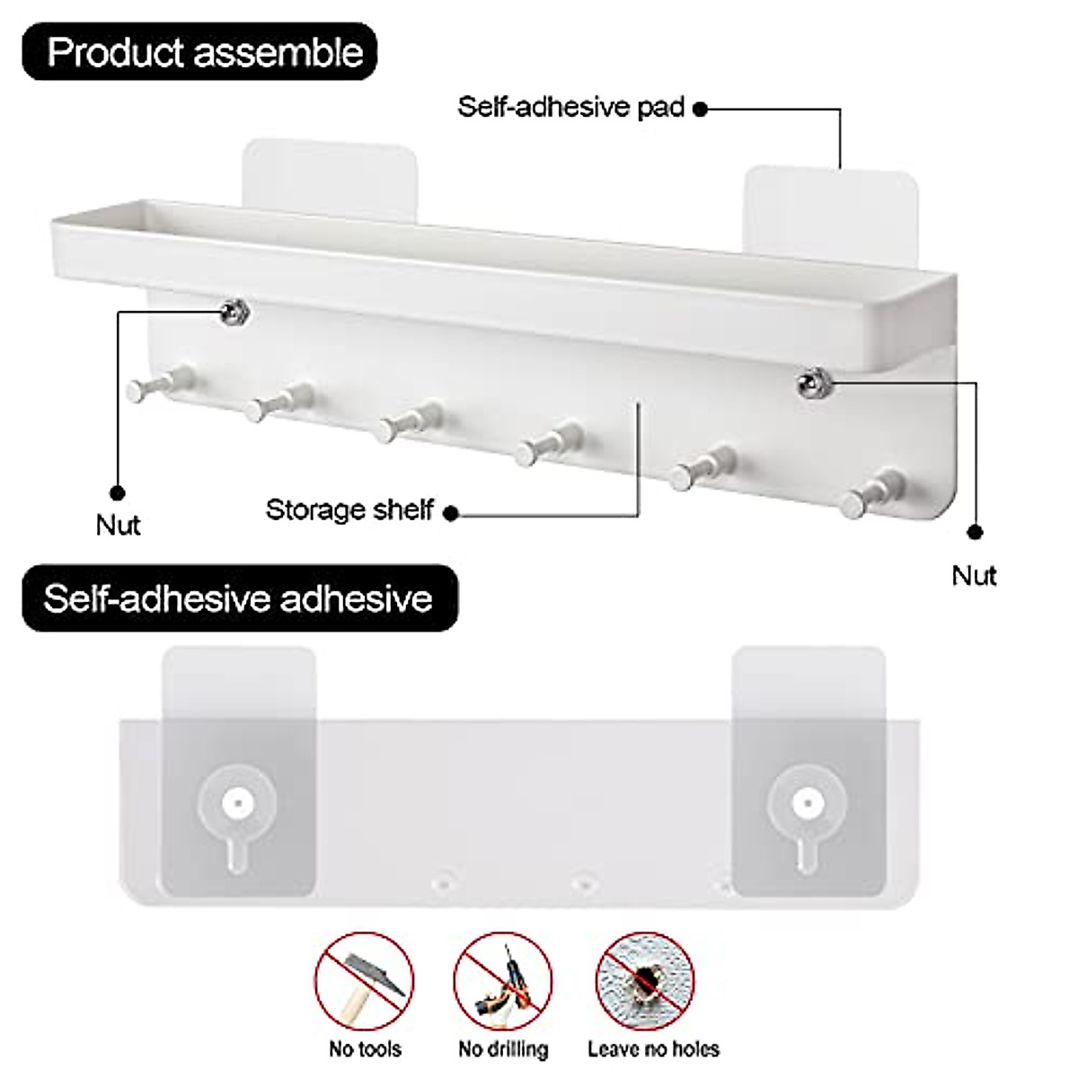 PXKOSA Key Holder for Wall, 6 Hooks Key Holder, Mail and Key Holder Wall Mount, Key Hooks with Tray, Metal Key Rack for Hallway, Kitchen, Bathroom, Office (White)