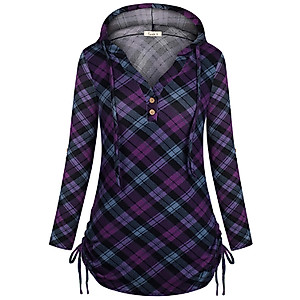 Cyanstyle Women's Long Sleeve Henley V-Neck Button Sweatshirt Tunic Hoodies Casual Pullover with Drawstring Purple Plaid Medium