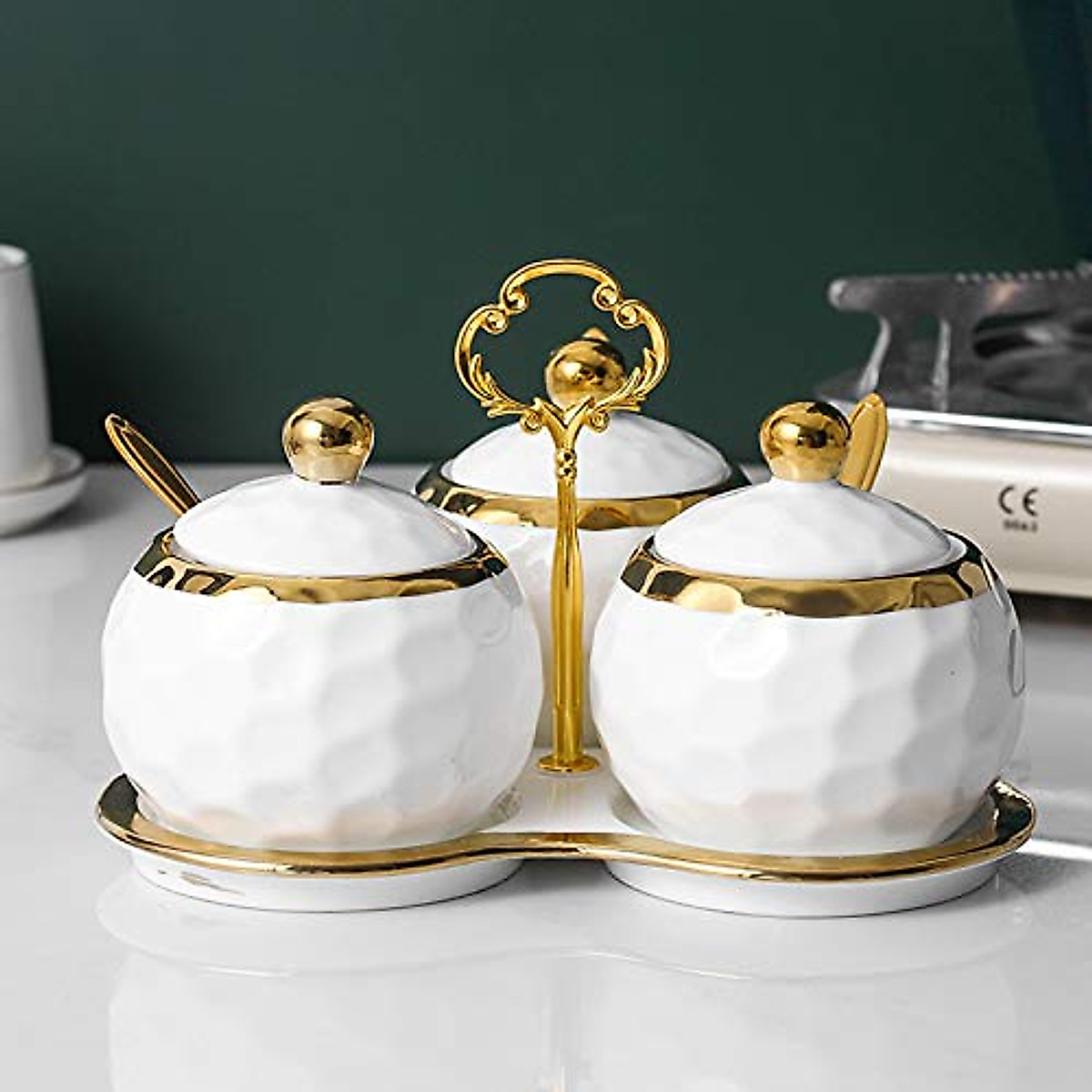 BIHOIB Golf Porcelain Sugar Bowl Condiment Pot Salt Container with Lid, Spoon and Tray, Set of 3, Modern Spice Box Seasoning Jar, White and Gold