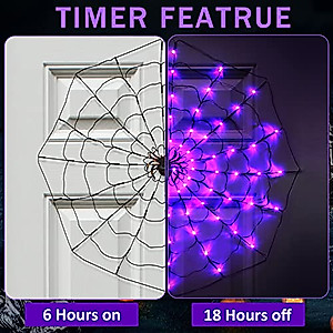 Remon 4Ft Light Up Spider Web Halloween Decorations, 96 Purple LED Waterproof Spider Web Lights with Big Spider, 8 Flashing Modes Battery Powered for Halloween Home Window Yard Garden Indoor Outdoor