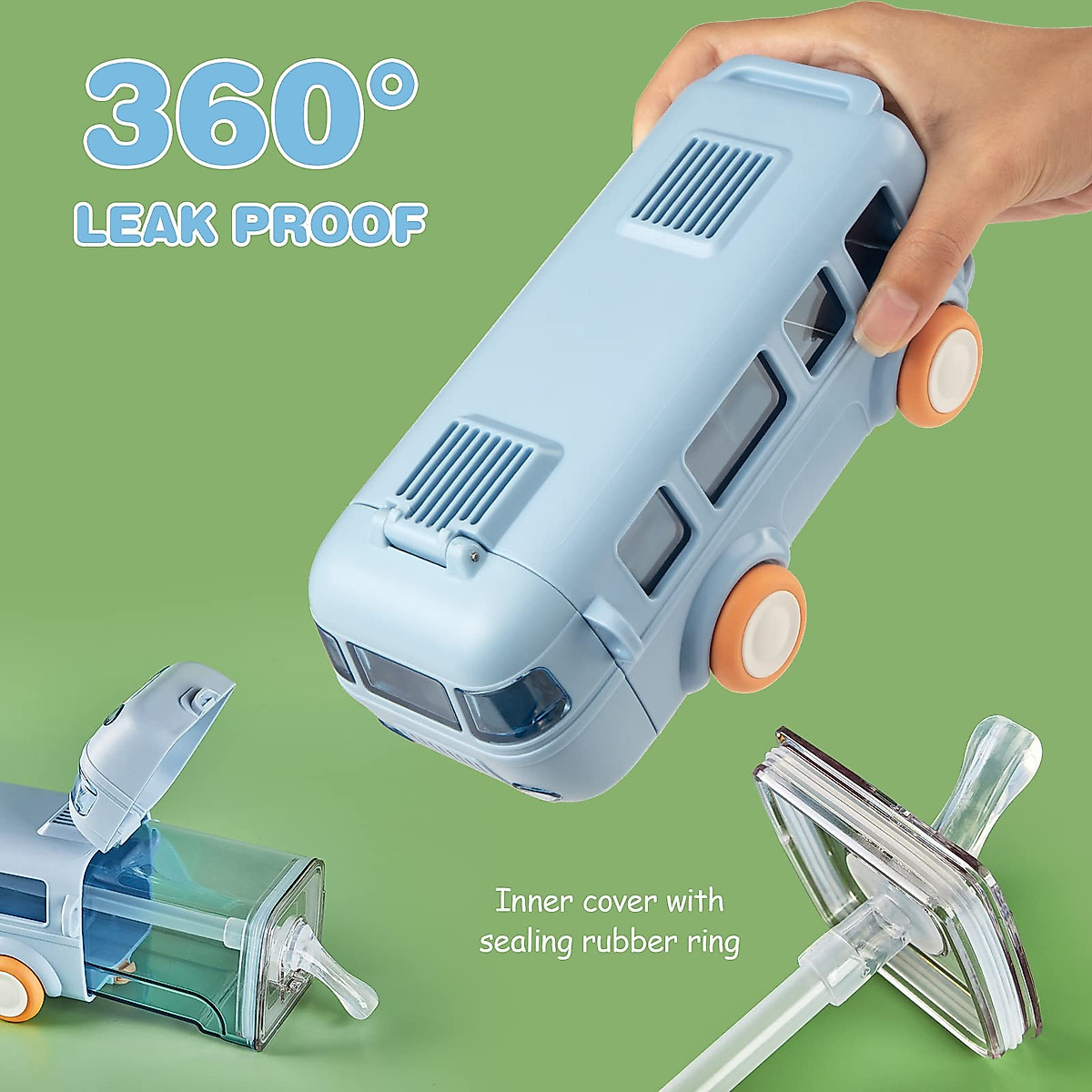 Suteng Bus Shape Car Water Bottle with Straw Lid, 16.9 Oz Portable Kid Water Cup with Shoulder Strap, Detachable, Leak-Proof, Flip Lid Cute Drinking Water Bottles for Kids (Pink)