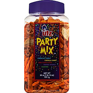 Utz Party Mix - 26 Ounce Barrel - Tasty Snack Mix Includes Corn/Nacho Tortillas, Pretzels, BBQ Corn Chips and Cheese Curls, Easy and Quick Party Snacks, Cholesterol Free and Trans-Fat Free