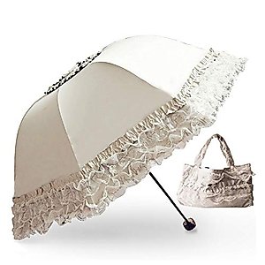 WANLIAN Princess Lace Ultraviolet-Proof Triple Folding Umbrella Dome used for ParasolDecorations Photoshoot Props.（Rice white）
