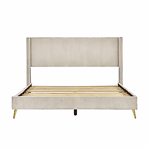 Queen Bed Frame Upholstered Platform with Headboard, Strong Frame and Wooden Slats Support, Corduroy Fabric Wrap, Non-Slip and Noise-Free,No Box Spring Needed, Easy Assembly (Beige)