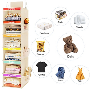 Fixwal 6-Shelf Weekly Hanging Closet Organizer for Kids, Kids Daily Clothes Organizers with 6 Side Pockets, Days of The Week Hanging Storage Shelves (Begie)