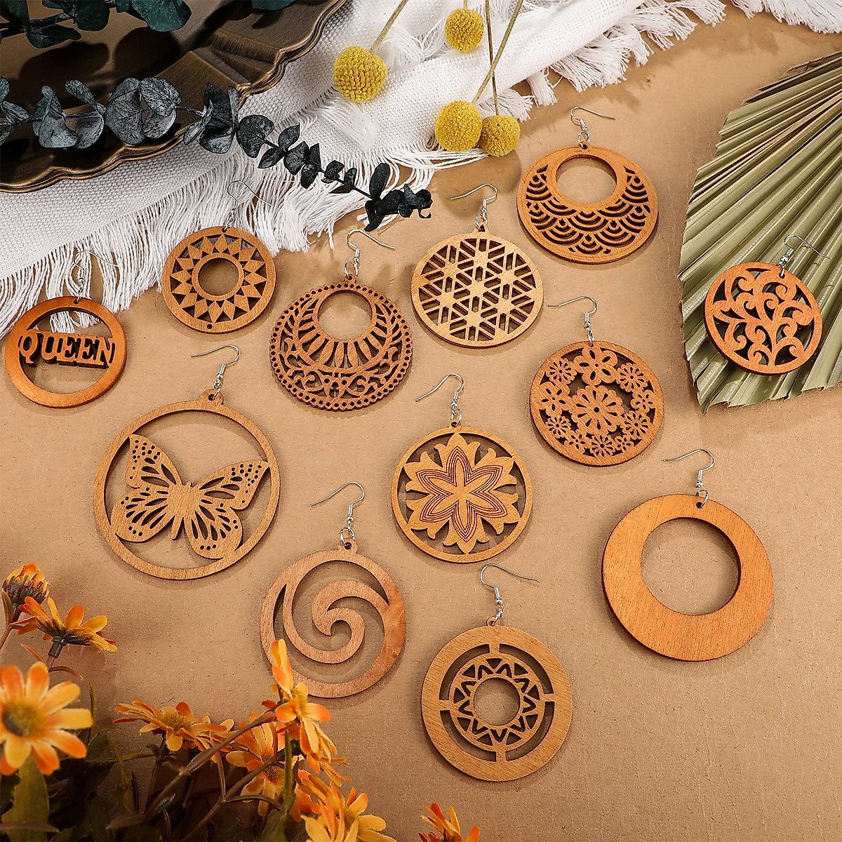 MTLEE 20 Pairs African Wooden Dangle Earrings Lightweight Ethnic Style Drop Earrings Geometric Wooden Earrings for Women(Classic Style)