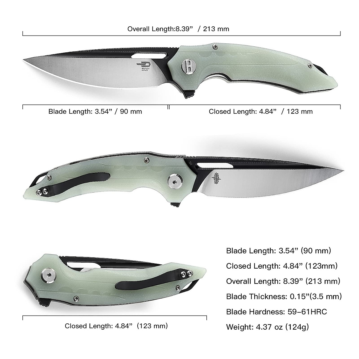 BESTECH KNIVES Pocket Folder Folding Knife: 3.54" D2 Steel Black Satin Blade, G10 Scales, Flipper, Liner Lock, EDC Steel Clip, BG50D (Translucent)