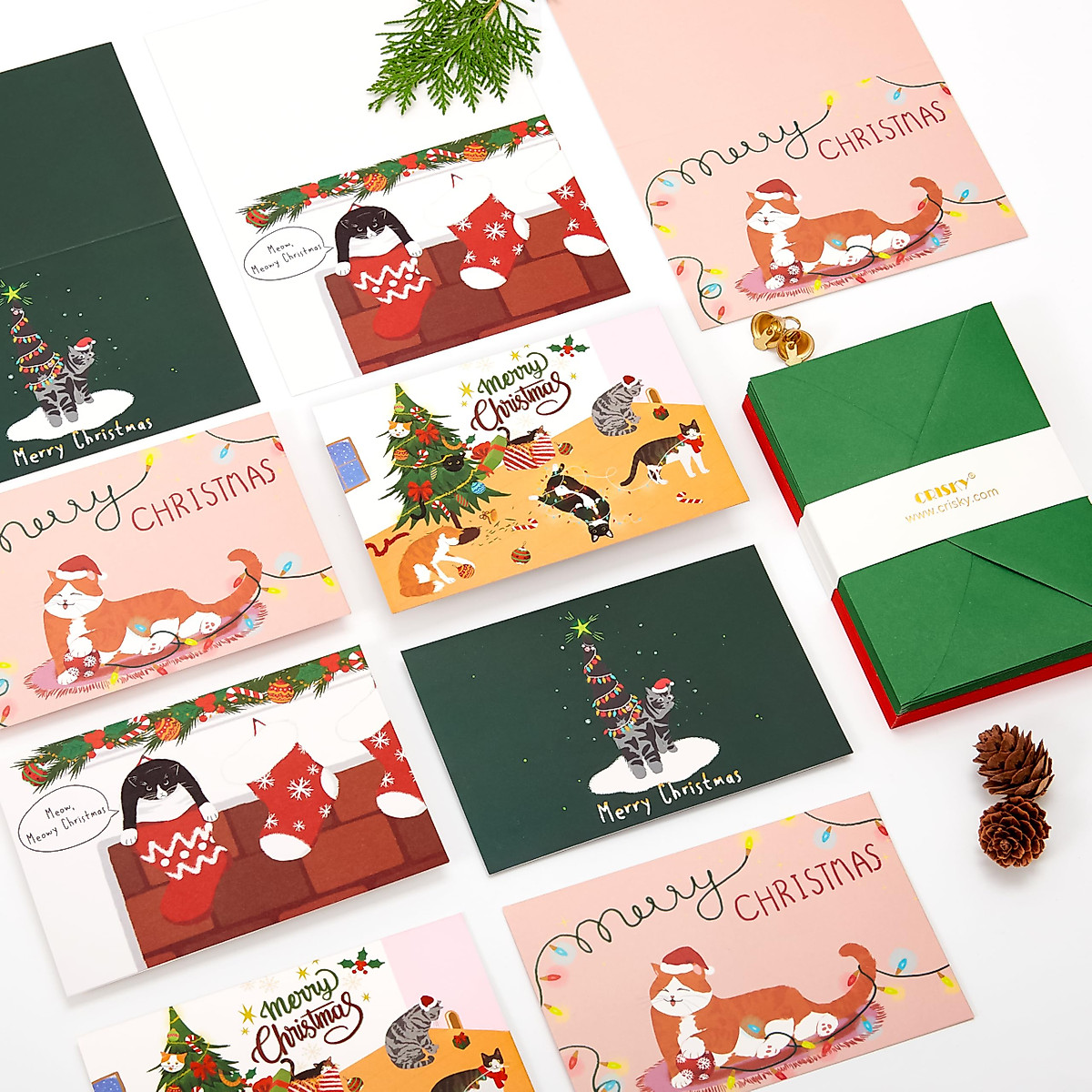 Crisky Cat Merry Christmas Cards with Envelopes & Matching Stickers 25 Pack Merry Chrismas Cards with Envelopes Cat Themed Gold Foil Thank You cards