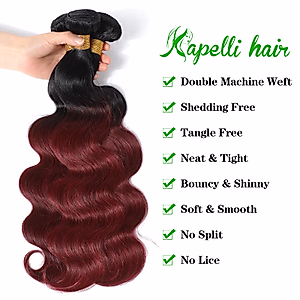 Kapelli Hair 10A Ombre Brazilian Hair Body Wave (T1B/99J,16" 18" 20") Ombre Human Hair 3 Bundles Ombre Brazilian Human Hair Virgin Remy Hair Bundles 2 Tone Black to Burgundy Human Hair Weave