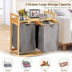 Giantex Bamboo Laundry Hamper with Dual Compartments, 2-Section Laundry Sorter w/Removable Sliding Bags & Shelf, Laundry Basket w/Handles, Utility Laundry Storage Organizer for Bathroom Bedroom