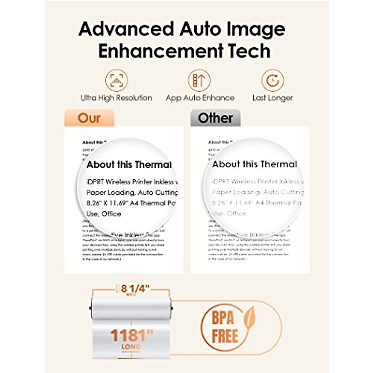 iDPRT A4 Thermal Printer, Future800 Inkless Printer, 300dpi Resolution 4ips Fast A4 Paper Printer with Auto Cutting, 100 Sheets Capacity, Compact Design, Support WiFi App Wireless or USB Connection