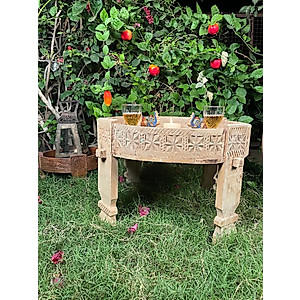Wooden Indian Natural Carved Chakki Table/Coffee Table/Round Rajasthani Desrt Dinner Table/Side Table/Lamp Holder Table/Candle Holder Table