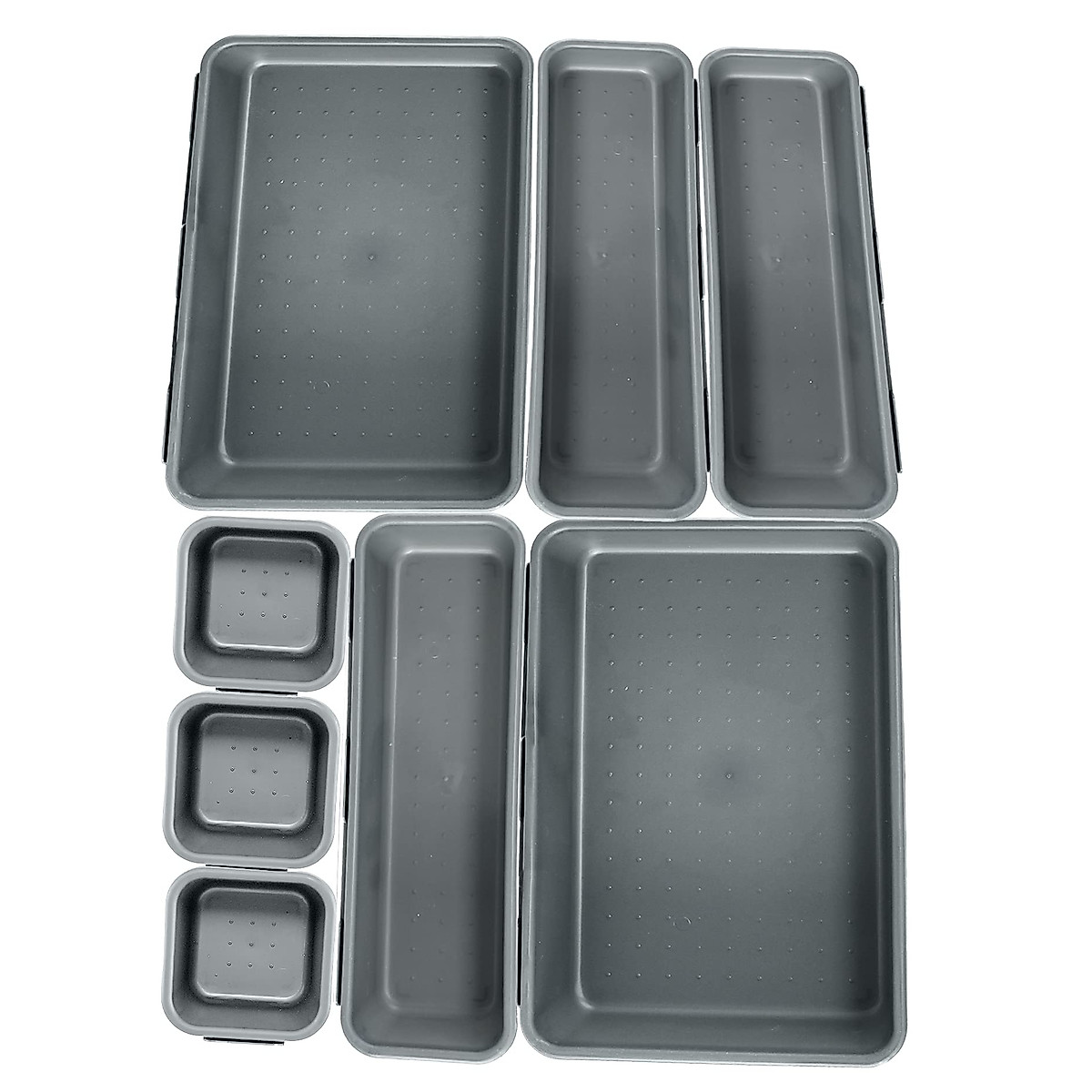 HOME-X Connecting Organizer Trays, Set of Interlocking Adjustable Trays for Organizing Office Supplies and Kitchen Utensil Drawers, Set of 8, 3 Sizes, Gray