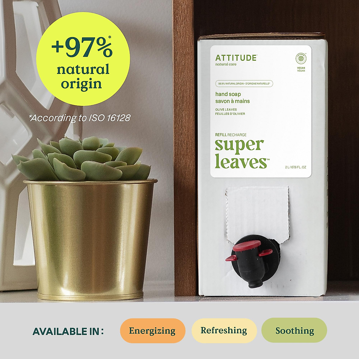 ATTITUDE Liquid Hand Soap, EWG Verified, Plant and Mineral-Based, Vegan Personal Care Products, Olive Leaves, 67.6 Fl Oz