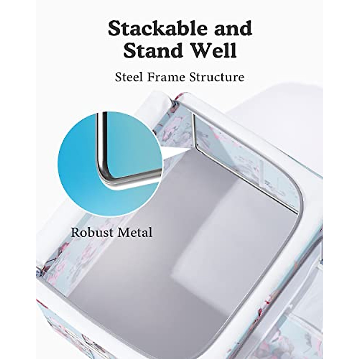 LitBear 2 Pack 24L Clothes Storage Bins Foldable Metal Frame Storage Box - Stackable Oxford Fabric Container Organizer Set with Carrying Handles and Clear Window(Blue floral)