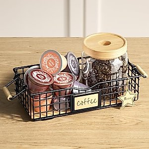 Qcold Coffee Pod Basket for Counter, Wire Coffee Pods Holder for K Cup, Coffee Bar Accessories, Farmhouse Decor Trays for Countertop, Black Mental Storage Organizer with Wooden Handle