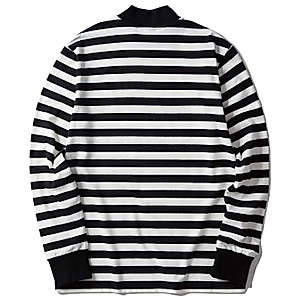 Mock Turtleneck Striped Long Sleeve Shirt Men(M,Black&White Wide(Plain))