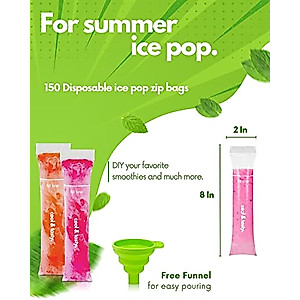 ANSMIO 150 Disposable Popsicle Mold Bags with Zip Seals, 8x2" Freezer Tubes for DIY Ice Pops, Yogurt, Juice & Fruit Smoothies - Includes Funnel for Healthy Snack Prep, BPA-Free, Ice Pop Molds