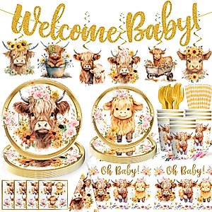 Yingoto 148pcs Brown Cow Baby Shower Decorations Tableware Set for 20 Guests, Cowboy Cowgirl Baby Shower includes Brown Cow glitter Banner Hanging Swirls Plates Napkins Cup Fork Straw and Tablecloth