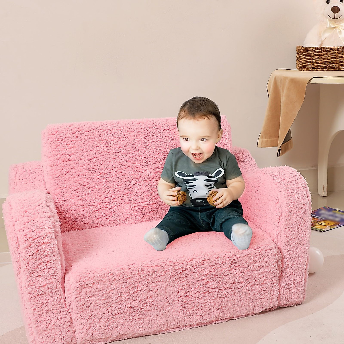 MOMCAYWEX Kids Chairs for Toddler, 2-in-1 Toddler Soft Sherpa Couch Fold Out, Convertible Sofa to Lounger for Girls and Boys, Pink