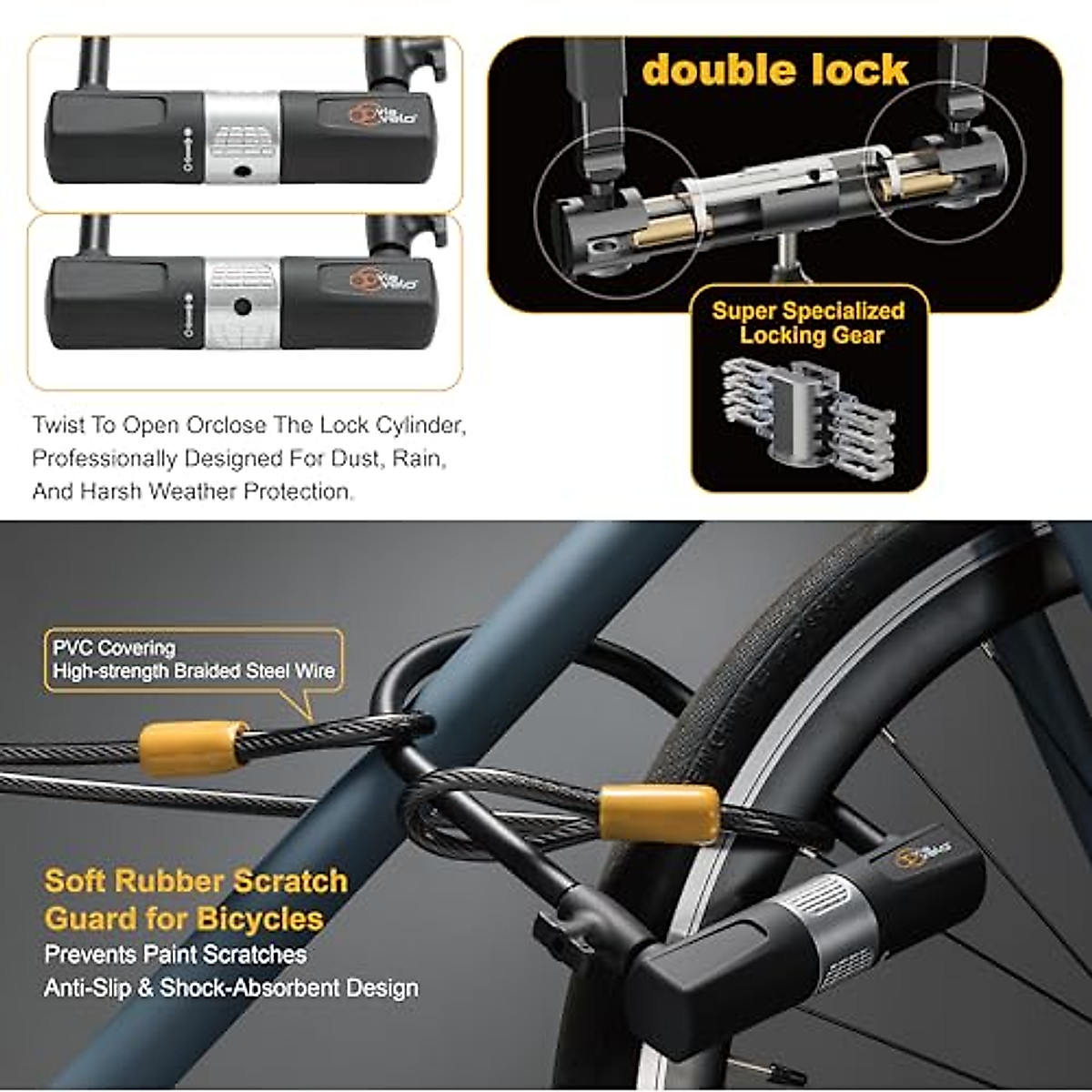Via Velo 2 Bicycle U-Lock Set, Same Key System 4 Keyed Alike Keys, Heavy Duty Sold Secure 14mm Shackle and 10mm x 1.8m Cable with Mounting Bracket for Road Bike Mountain Bike Folding Bike