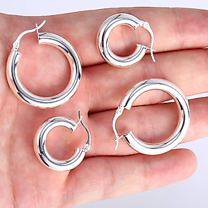 Silver Chunky Hoop Earrings Thick Hoops for Women | 925 Sterling Silver Post Shiny Polished Round-Tube Lightweight Hoop Earrings for Women Girls, Diameter 20mm