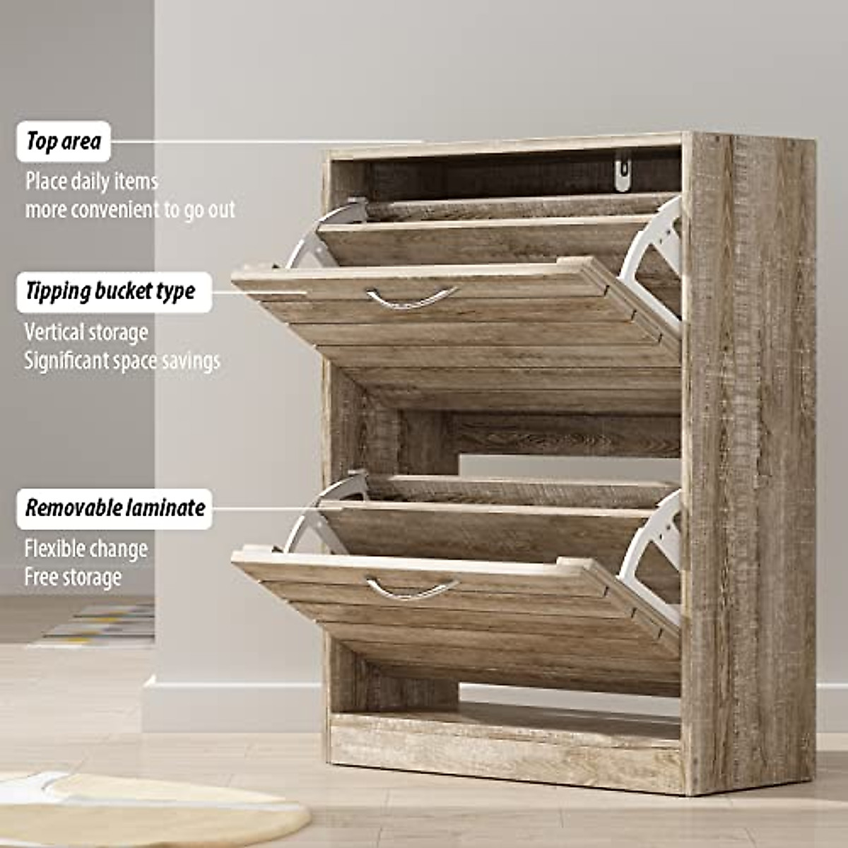 AGOTENI Shoe Cabinet with 2 Flip Drawers, Shoe Storage Organizer with 2-Tier Shelf for Entryway, Freestanding Shoe Rack Storage Organizer (Natural)