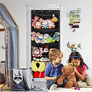 Stuffed Animal Storage with LED Light, Over the Door Hanging Stuffed Animal Holder with 5 Meters LED Fairy String, 4 Large Pockets for Stuffed Animal Storage Ideas, Nursery, Bedroom, Kids Room