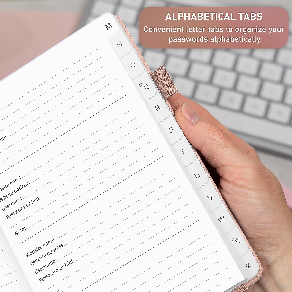 GoGirl Password Book with Alphabetical tabs – Internet Address & Password Keeper Logbook for Password Organization, Journal Notebook for Saving Website Logins. Medium Size 5.3″ x 7.7″, Rose Gold