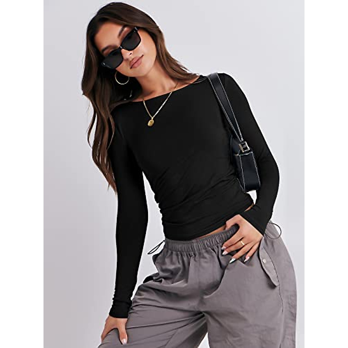 ANRABESS Women Long Sleeve Crop Top Basic Tees Tight Fitting T-Shirt Trendy 2023 Fall Shirts Undershirts Sexy Casual Going Out Cropped Tops 1029heise-S Black