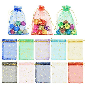 Renashed 100Pcs Moon Stars Sheer Organza Bags with Drawstring 10 Colors, Wedding Favor Bags Jewelry Gift Bags for Wedding Party Valentine's Day, Festival Organza Bags (5 * 7inch/ 13 * 18cm)