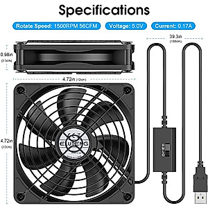 ELUTENG 120mm Fan with 3 Speed 5V USB Powered 120mm Case Fan 1500PRM Gaming PC Fan Portable Cooling Fan Suitable for Tablet TV Receiver Router DVR Play Station Xbox Computer and More