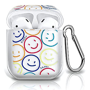 KOUJAON Airpods Case Cover Clear AirPod Case Soft TPU Protective Cover for AirPods 2 & 1 Charging Case with Bracelet Lanyard Wrist Strap (Smiley Face)
