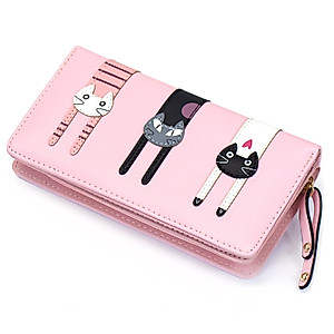 Valentoria® Birthday Gifts for Women's Mini Faux Leather Bifold 3 Cat Design Clutch Wallet(Long Pink)