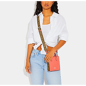 Coach Womens North South Mini Tote Crossbody Bag With Signature Canvas In Leather (Silver/Khaki/Tangerine)