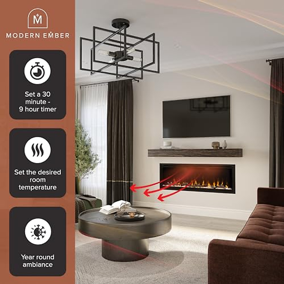 Modern Ember Aerus 60 Inch Smart Linear Electric Fireplace - Recessed in-Wall and Wall-Mount, Multiple Flame Colors, Compatible with Alexa and Google Assistant