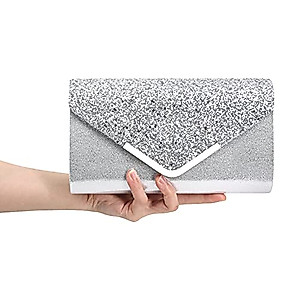 Naimo Womens Shiny Sequin Flap Dazzling Clutch Bag Evening Bag Purse with Detachable Chain for Wedding Party (Silver)