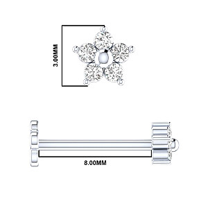 Demira Jewels Natural Diamond 14K White Gold 5-Stone Natural Diamond Flower Nose Pin, Lip Labret, Monroe Ring, Stud, Screw - 8mm Long, 16 Gauge