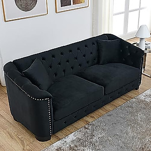 EMKK 77" Chesterfield Velvet Sofa, 3-Seater Upholstered Couches Tufted Backrests with Nailhead Arms and 2 Cushions for Living Room, Bedroom, Apartment, Office, G-Black