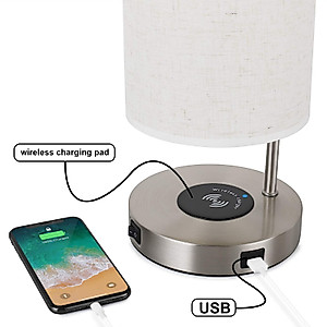 Wireless Charger Table Lamp, Bedside Lamp with USB Port and Wireless Charging Pad, Nightstand Lamp with Round Flaxen Fabric Shade for Bedroom Living Room College Dorm Office, Satin Nickel