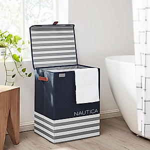 Nautica - Laundry Basket, Foldable Hamper & Storage Bin with Lid, Closet Organizers, Home Essentials (Navy Stripe)