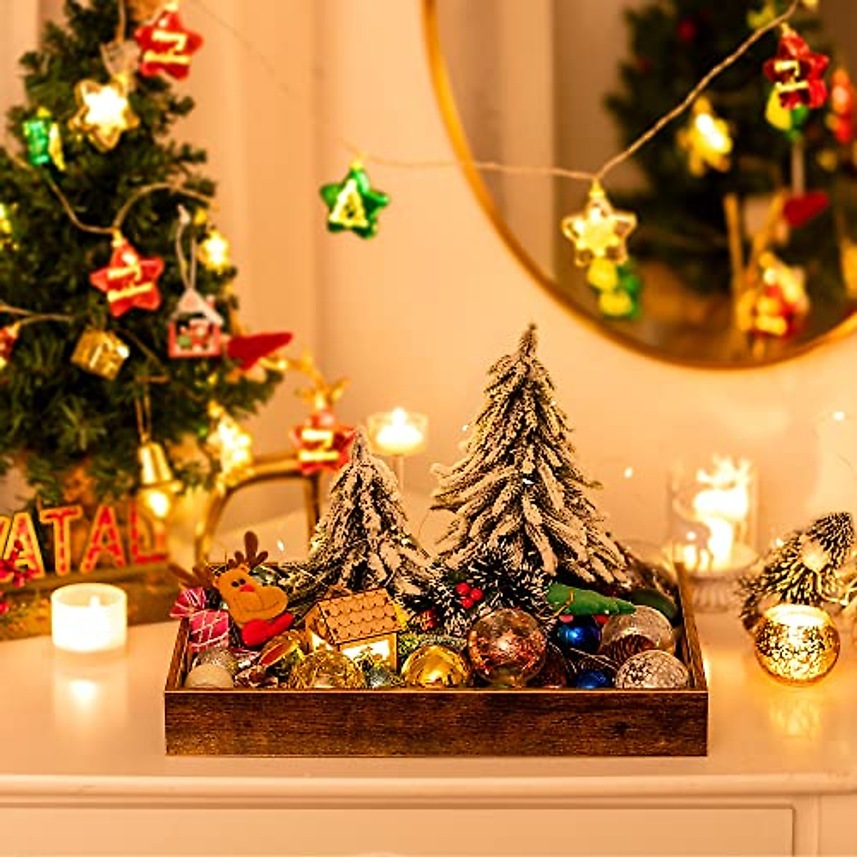 Hanobe Brown Decorative Serving Trays: Rustic Brown Rectangle Tray Decor with Cutout Handles for Coffee Table Ottoman Living Room Kitchen Home Decor, Large